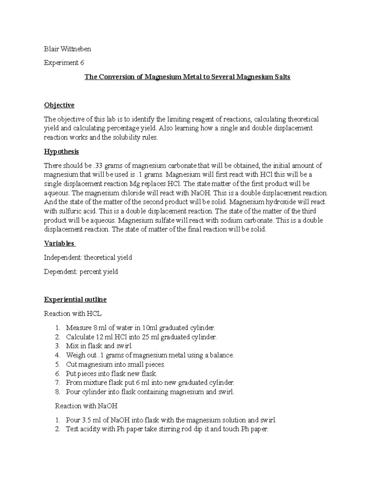 The Conversion of Magnesium Metal to Several Magnesium Salt - Blair ...