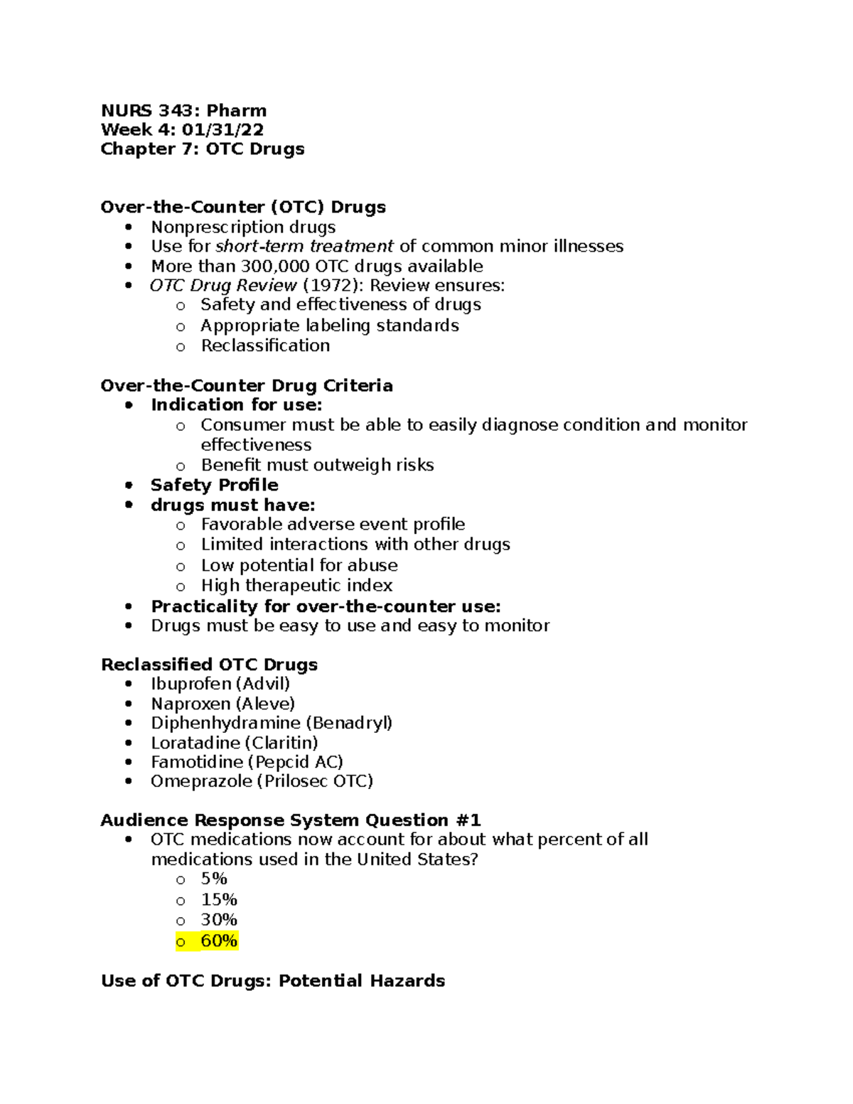 7 OTC Drugs 343 - NURS 343: Pharm Week 4: 01/31/ Chapter 7: OTC Drugs ...