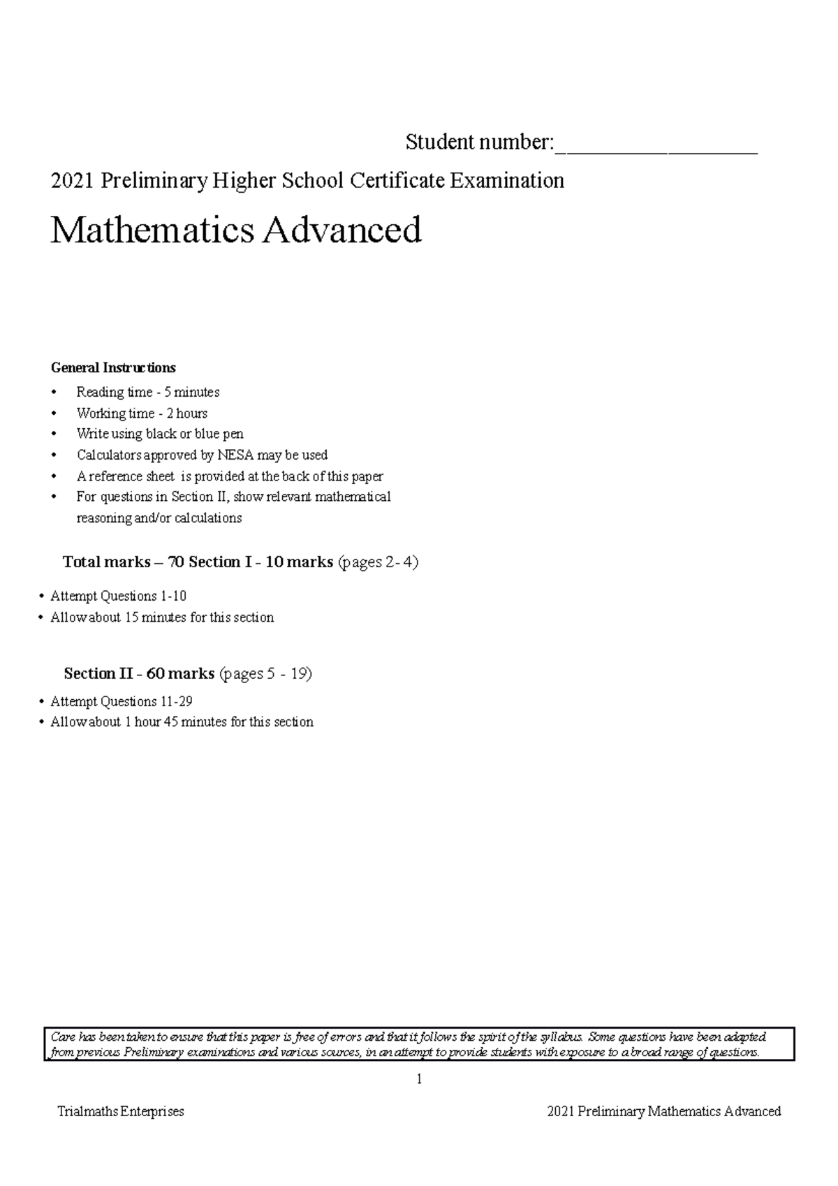 Yr 11 2021 2u Ques - Practice Yearly Exam paper - Student number ...
