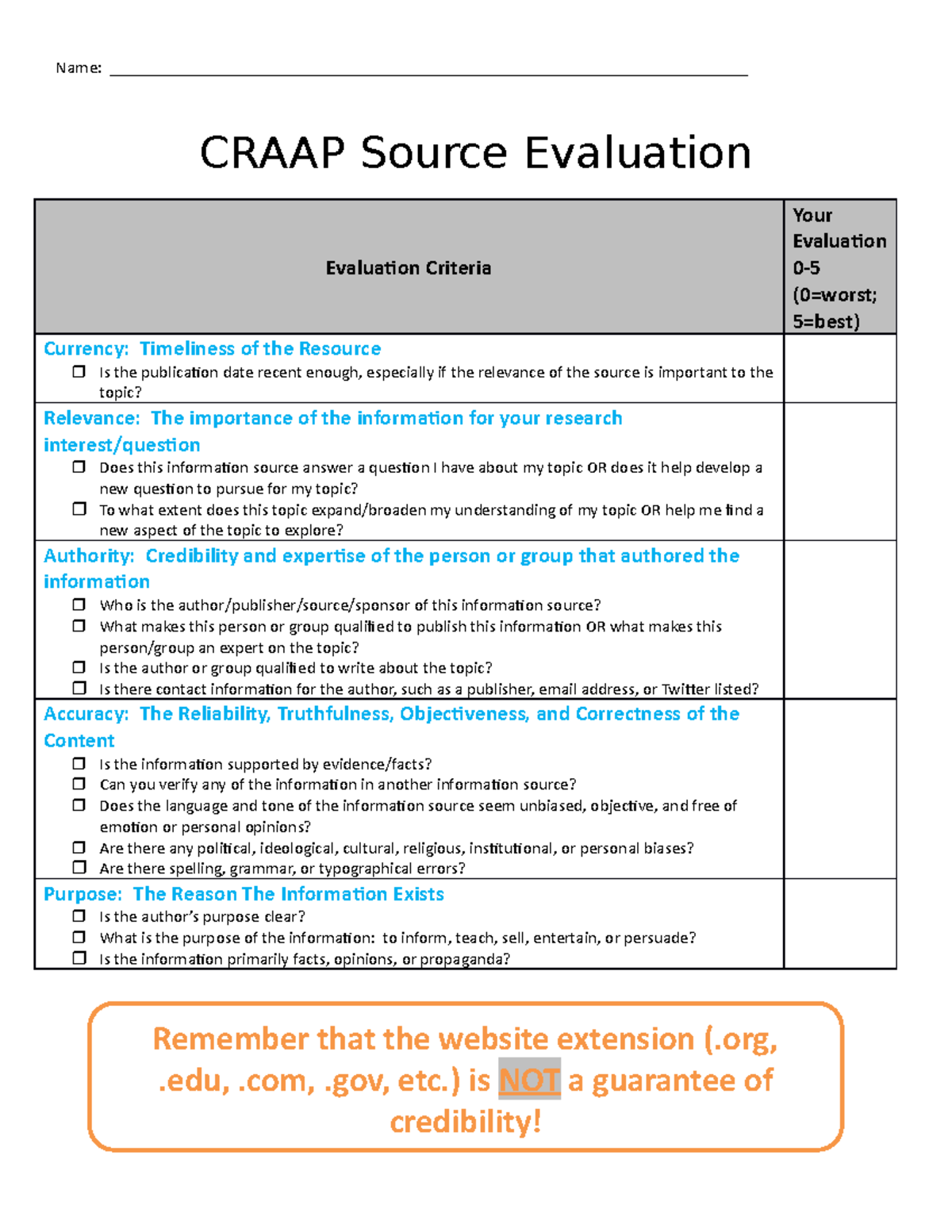 Craap Test organizer - Use for research - Name: - Studocu