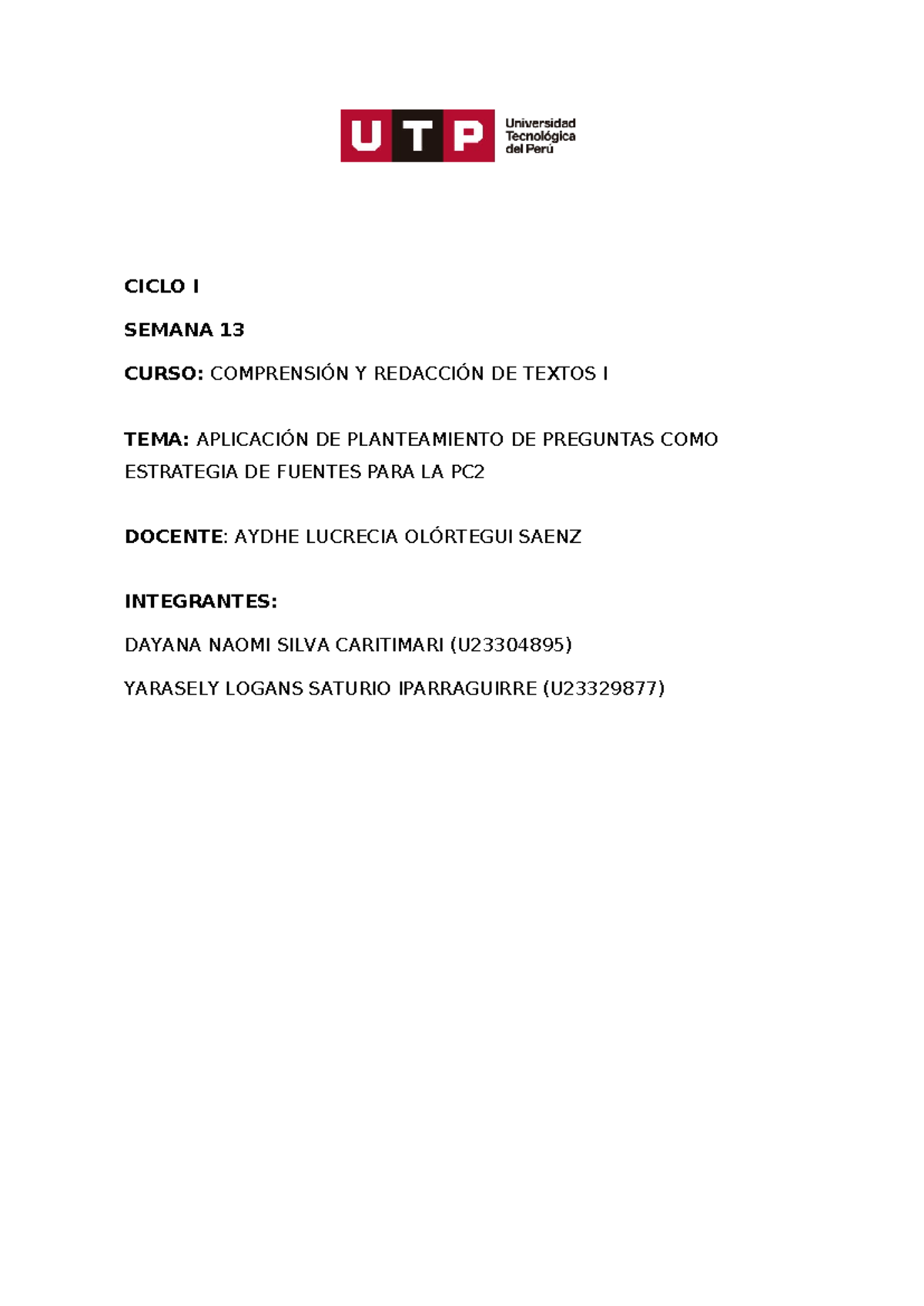 Semana 13 Formato - SDFDSF - CICLO I SEMANA 13 CURSO: COMPRENSIÓN Y REDACCIÓN DE TEXTOS I TEMA ...