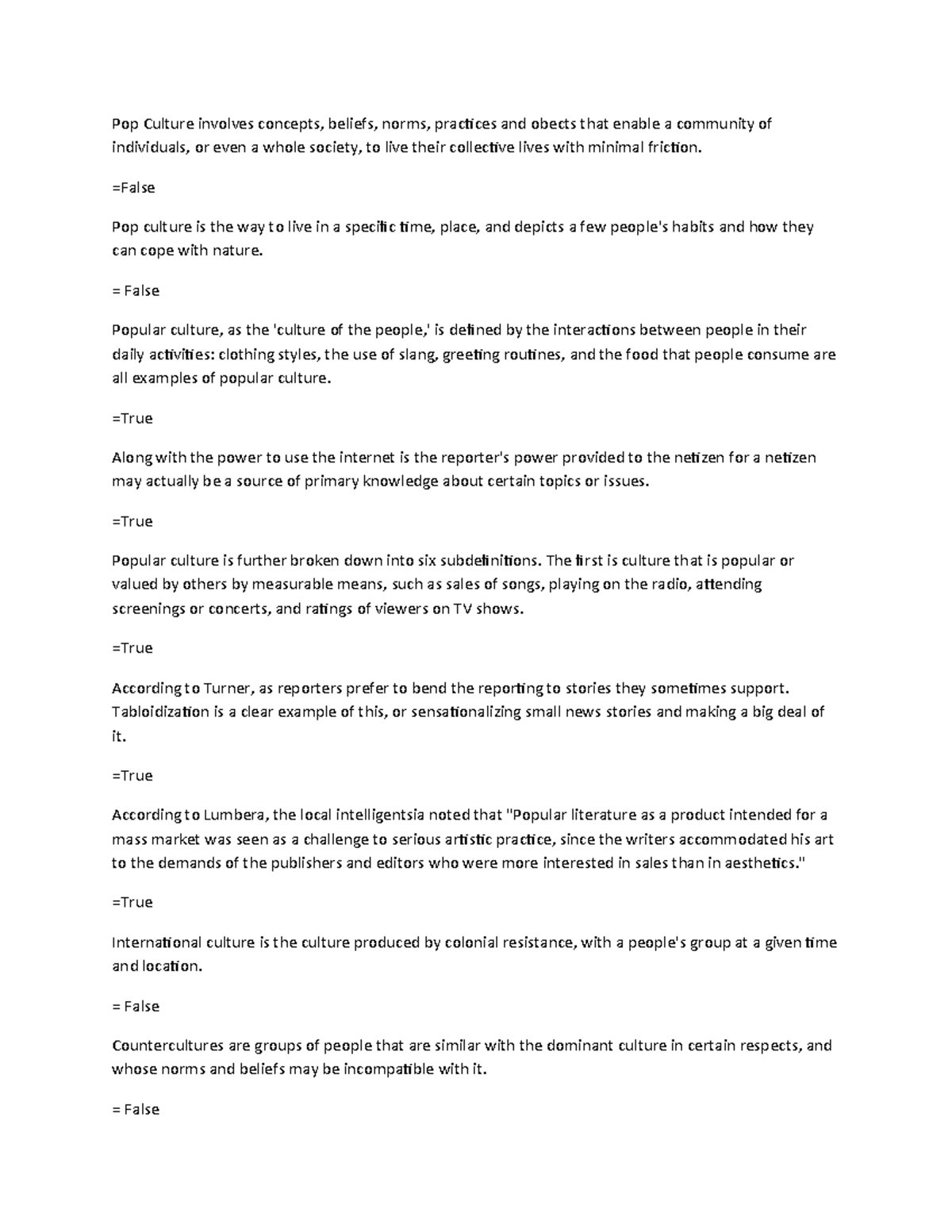 PPC-QUIZ - YRTR - Pop Culture involves concepts, beliefs, norms ...