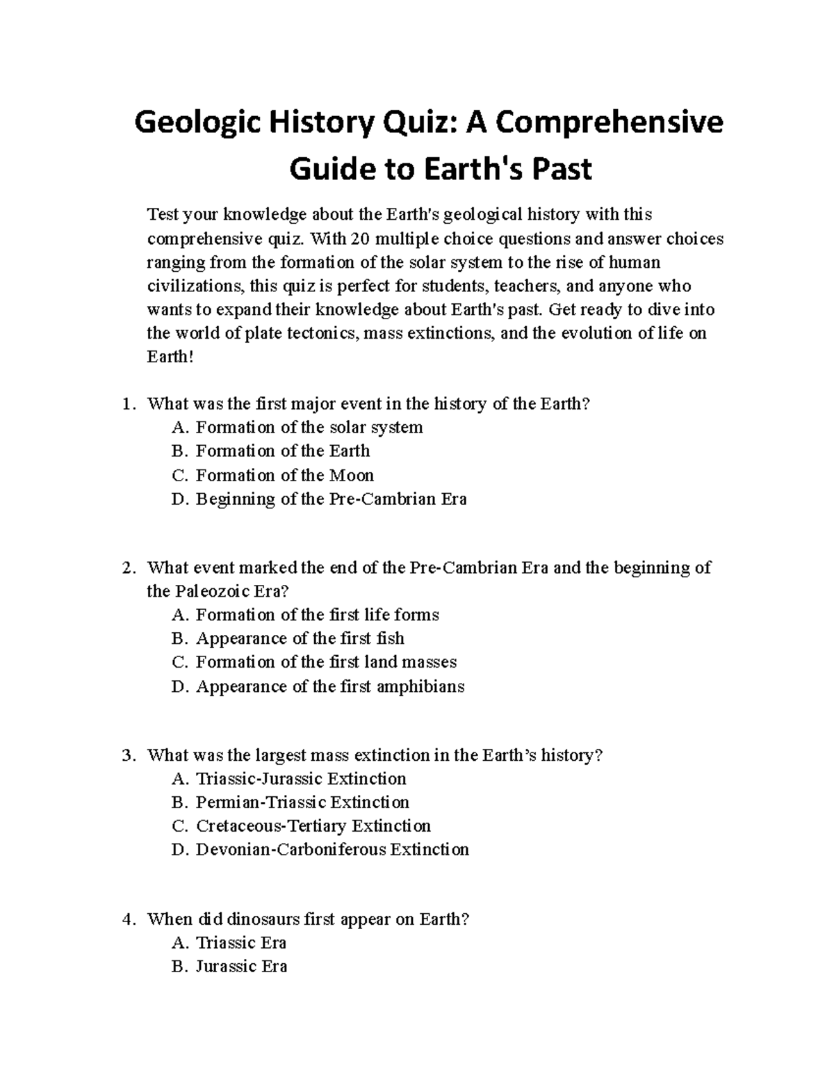 Geologic History Quiz - With 20 multiple choice questions and answer ...