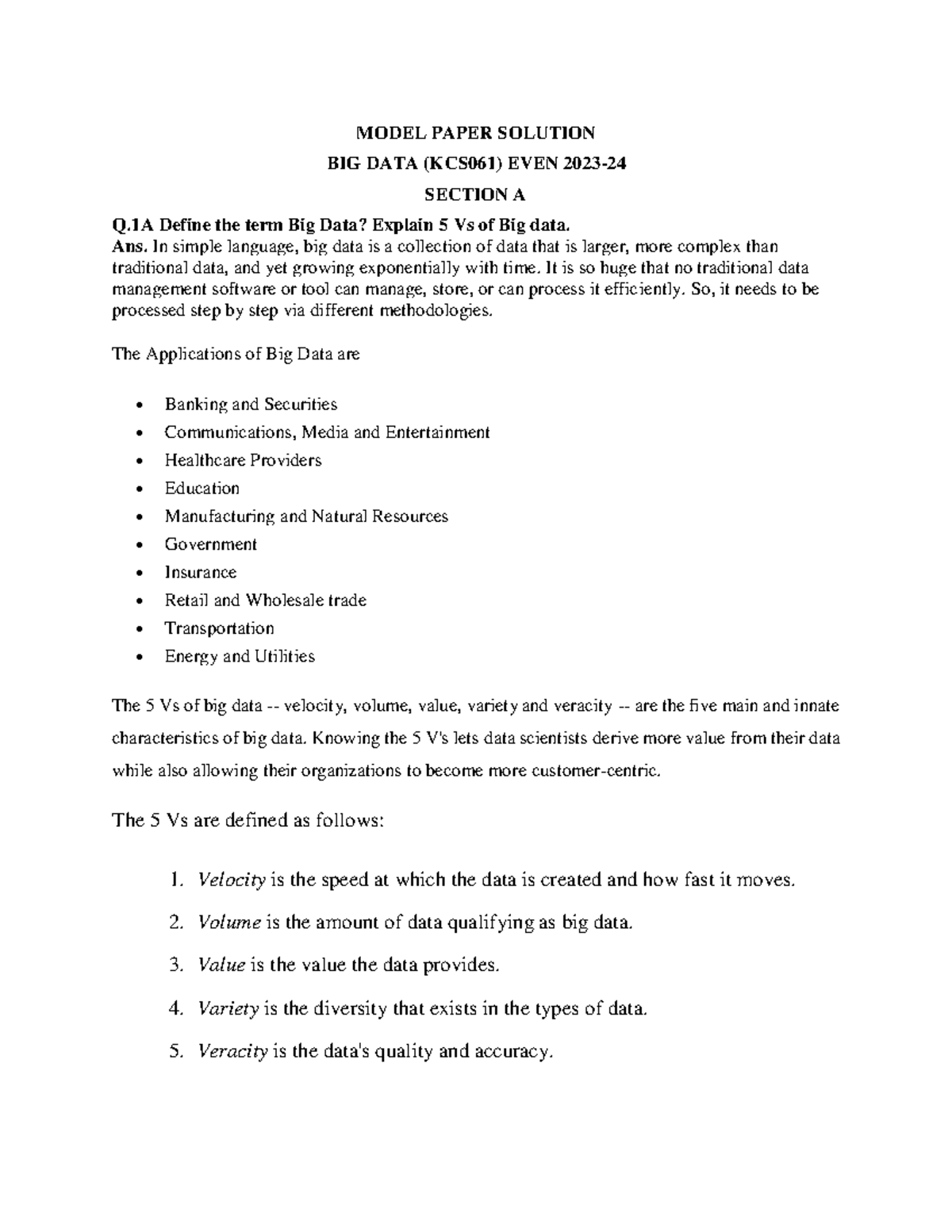 Big Data(KCS061)-Model Paper Solution 2023-24 - MODEL PAPER SOLUTION BIG DATA (KCS061) EVEN 202 ...