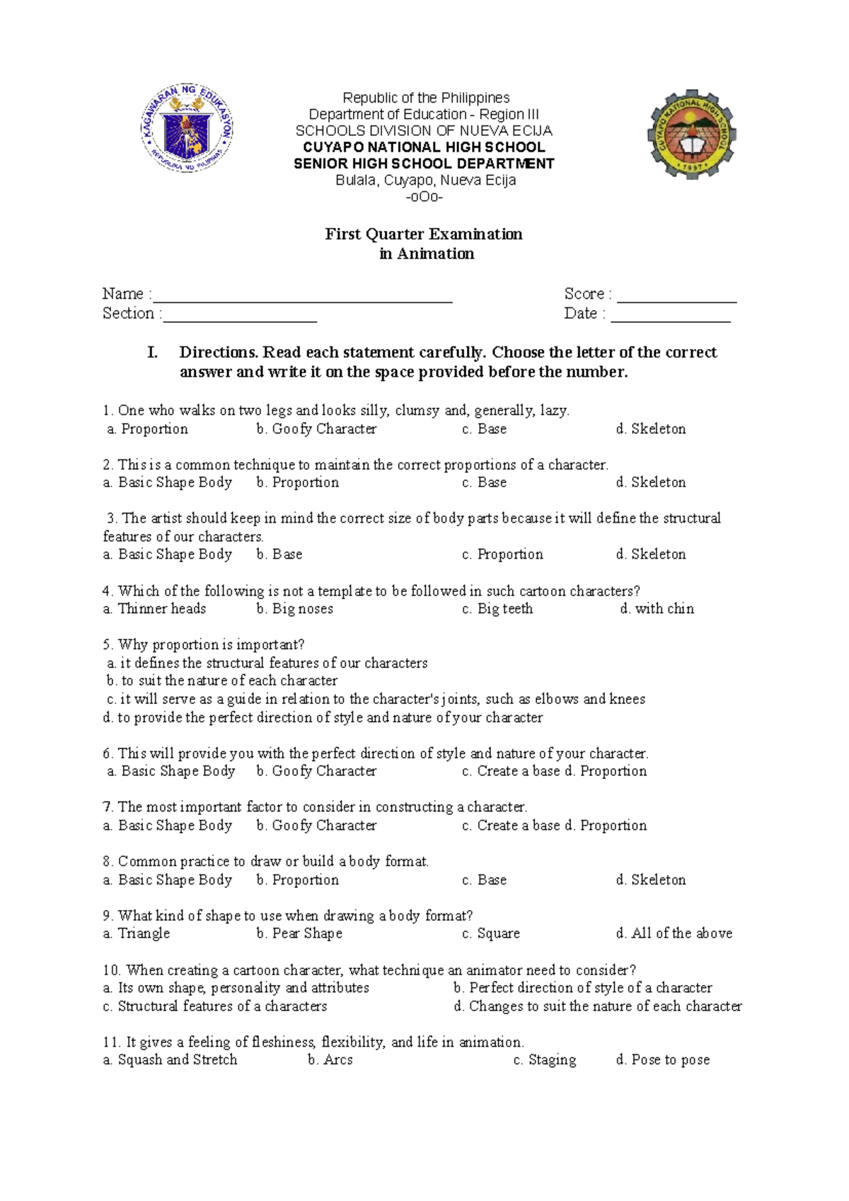 Animation-exam - Republic of the Philippines Department of Education ...