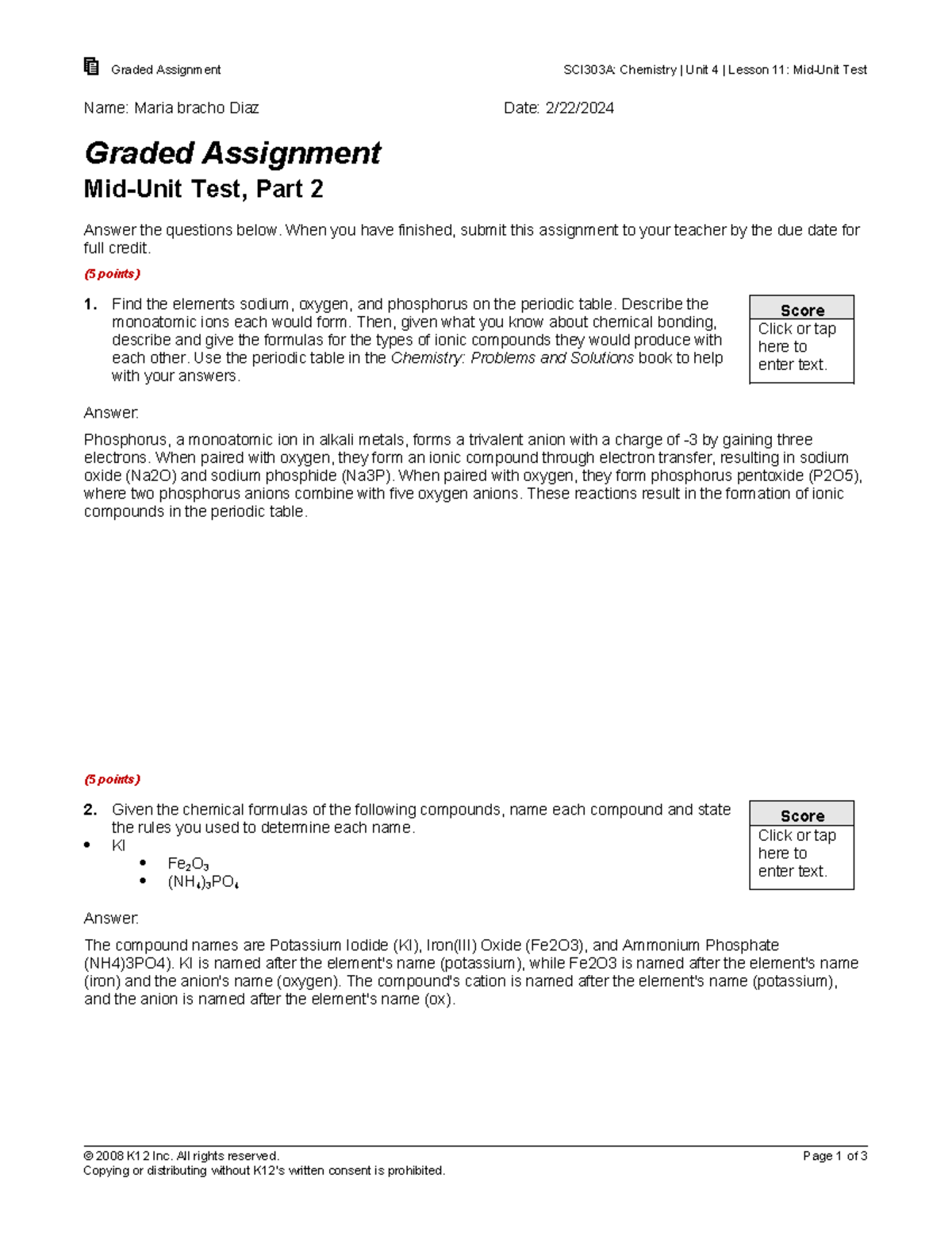 SCI303A Chemistry Unit 4 Lesson 11 Mid-Unit Test - Graded Assignment ...