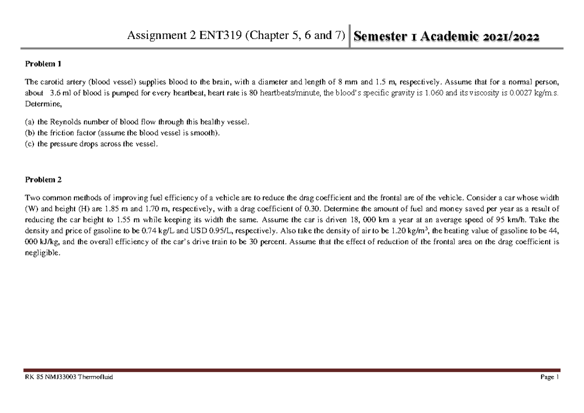 Assignment Fluid Dynamics Part NMJ33003 20212022 - Assignment 2 ENT319 ...