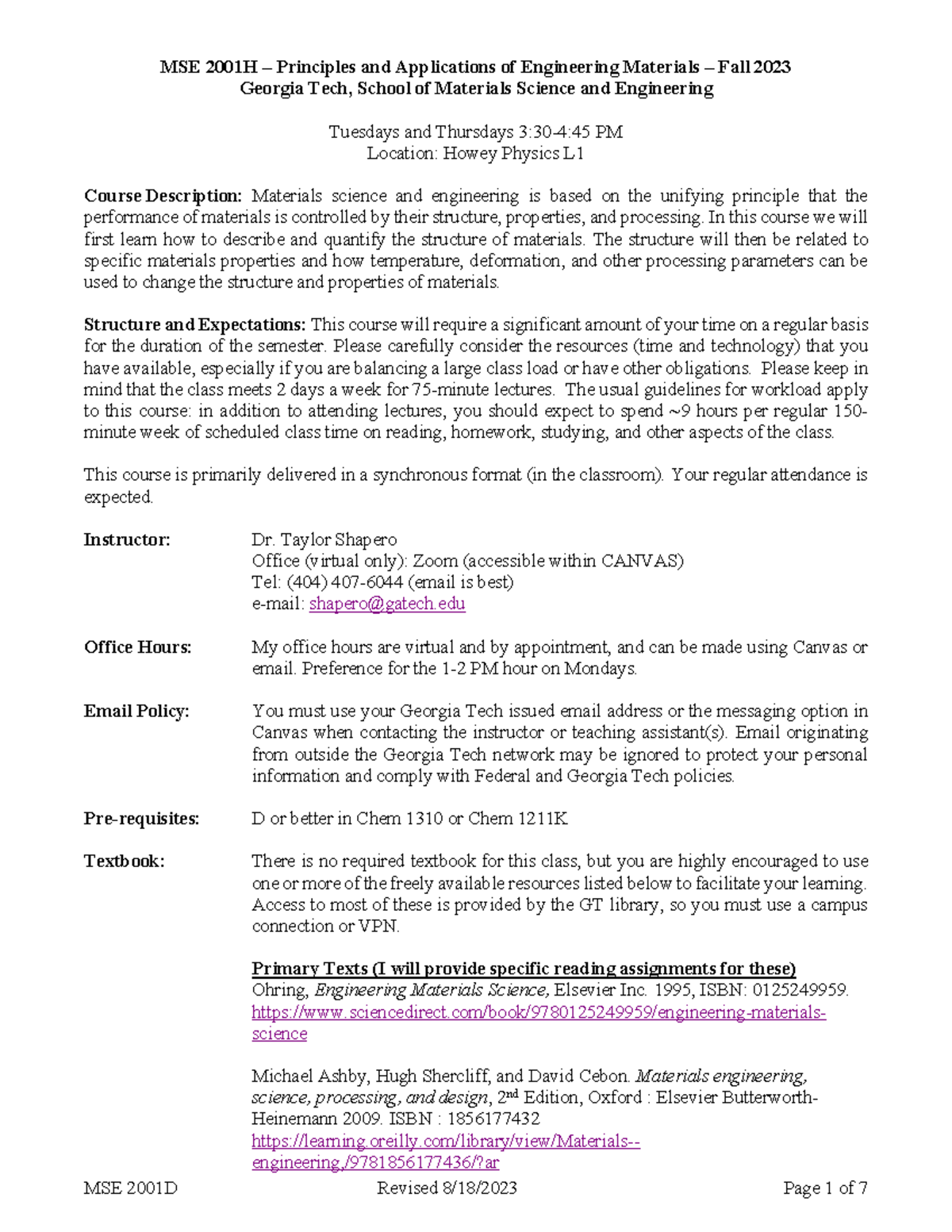 Syllabus-MSE 2001 D-FA 2023 - MSE 2001H – Principles and Applications ...