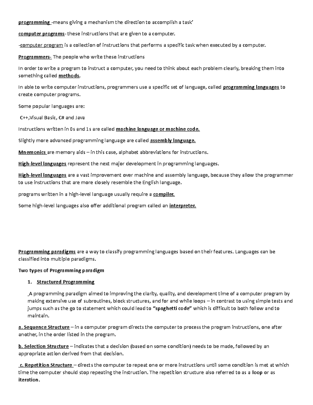 Programming reviewer - goodluck - programming -means giving a mechanism the direction to ...