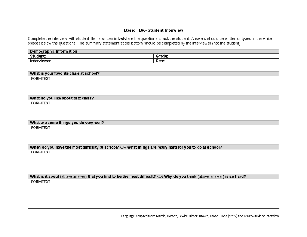 Student Interview - Basic FBA- Student Interview Complete the interview ...