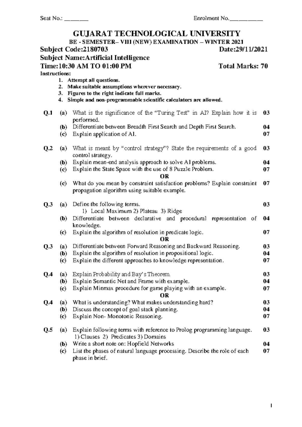 GTU Computer 2180703 Winter 2021 - 1 Seat No.: ________ Enrolment No ...
