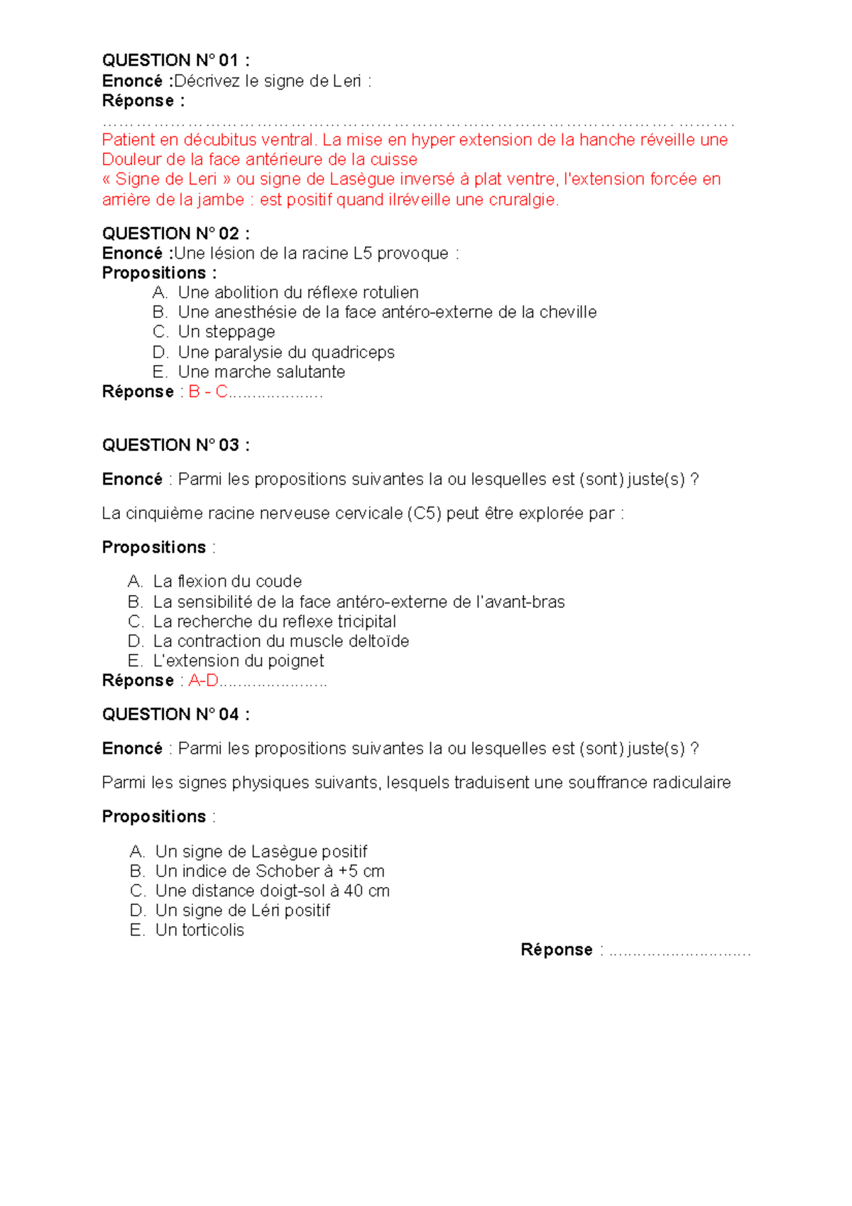 Sem Orth 01-Sémiologie du Rachis Corrigé - QUESTION N° 01 : Enoncé ...