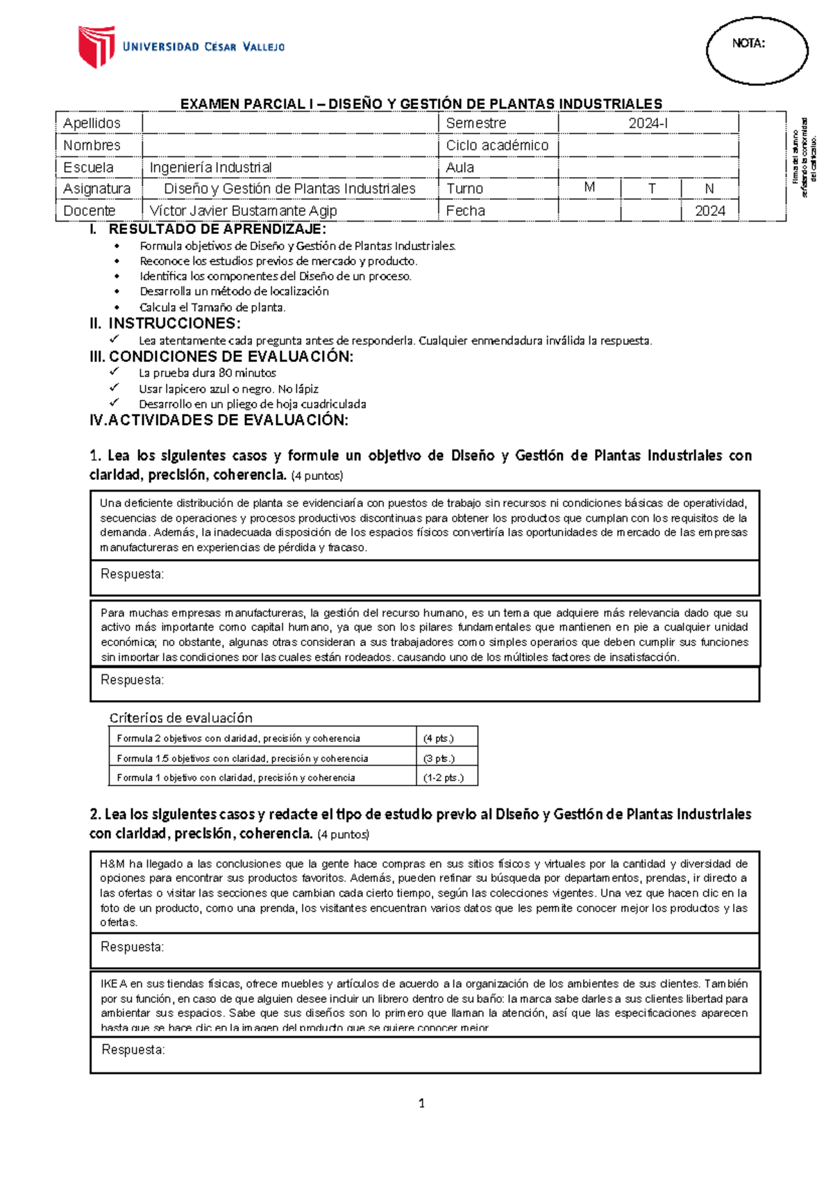 Examen Parcial DGPI C2 2024-1 - EXAMEN PARCIAL I – DISEÑO Y GESTIÓN DE ...