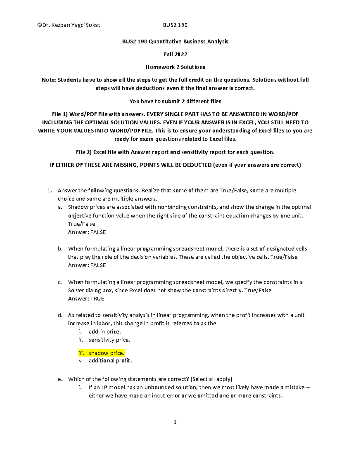 Bus2 190 Fall 2022 Homework 2 Solutions - BUS2 190 Quantitative Business Analysis Fall 2022 ...