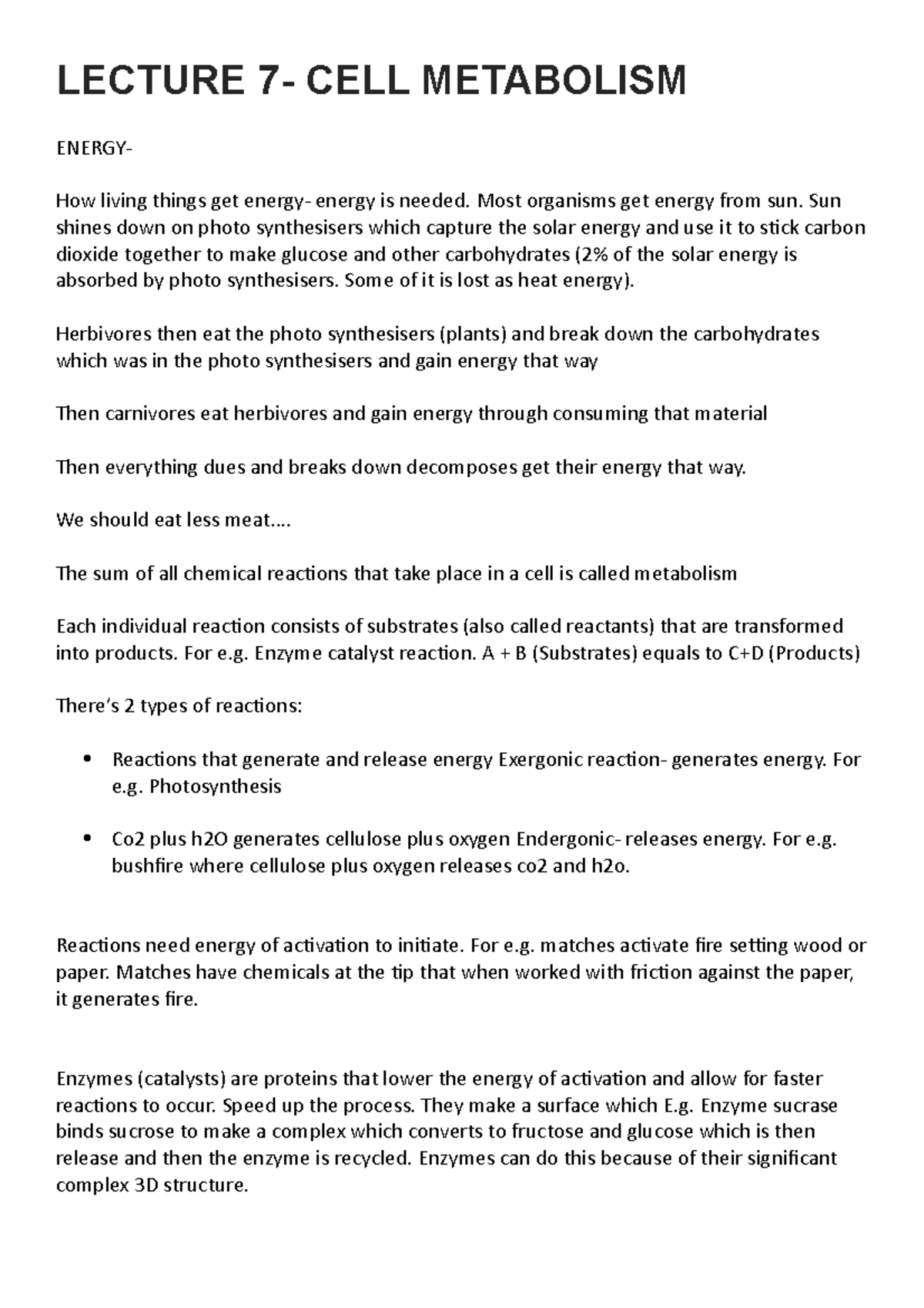 BIOL108 Lecture 7 - LECTURE CELL METABOLISM ENERGYHow living things get ...