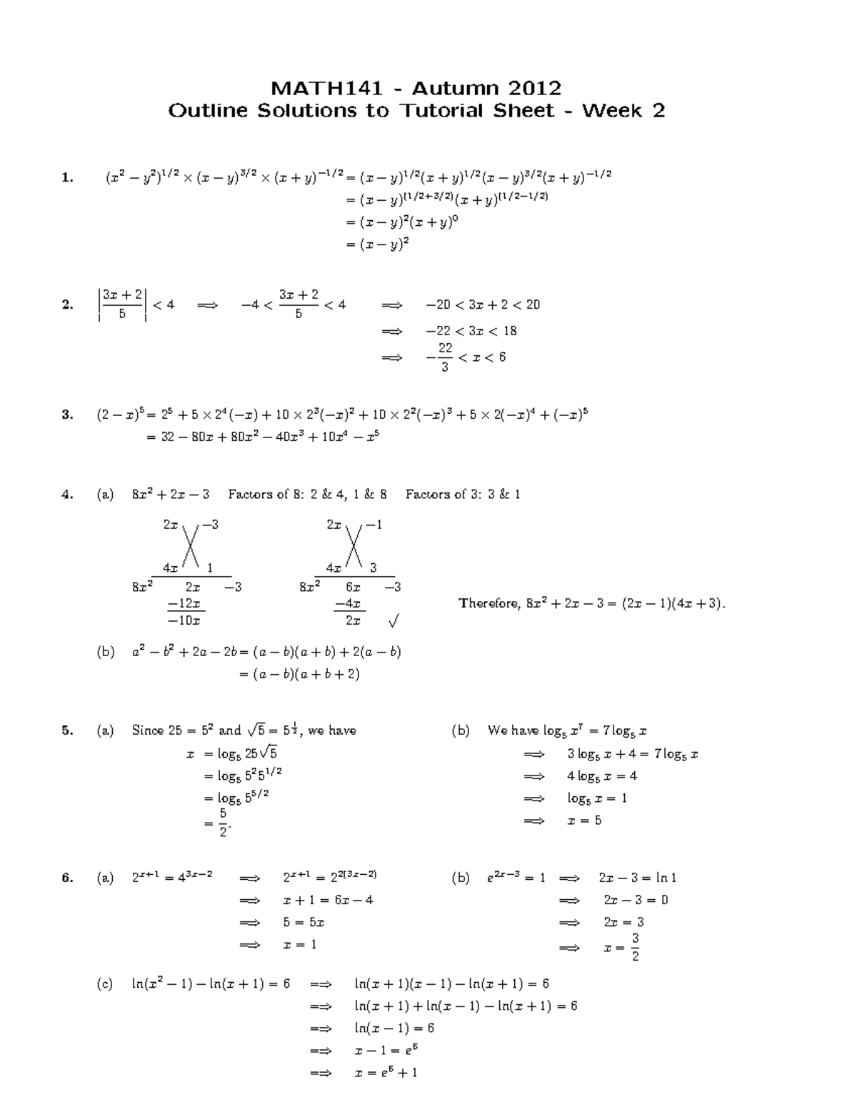 MATH141 Tutorial Solutions - MATH141 - Autumn 2012 Outline Solutions to Tutorial Sheet - Week 2 ...