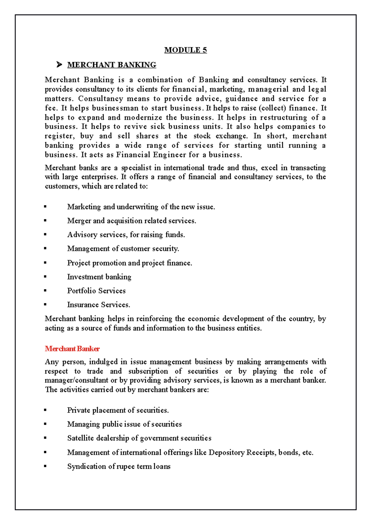 Module 5 - Merchant banking - MODULE 5 MERCHANT BANKING Merchant ...