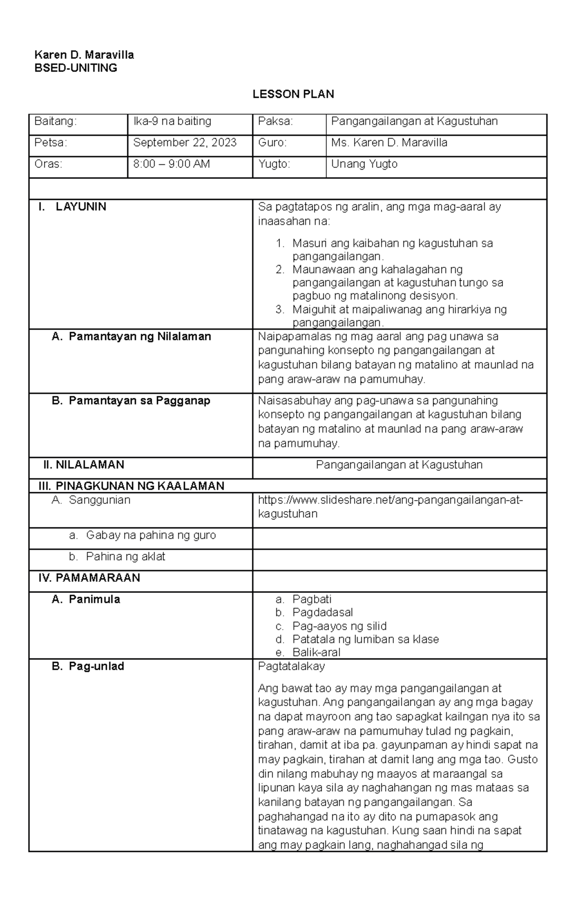 Lesson plan in ap - Karen D. Maravilla BSED-UNITING LESSON PLAN Baitang ...