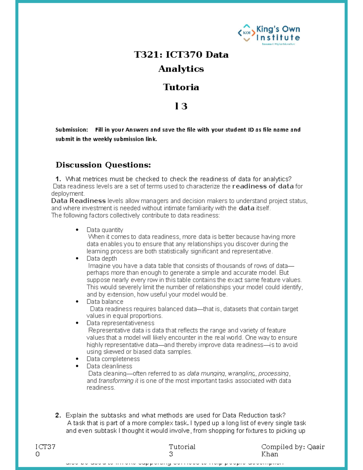 Tutorial 3 l ICT370 T321 for Tutorial class - T321: ICT370 Data Analytics Tutoria l 3 Submission ...