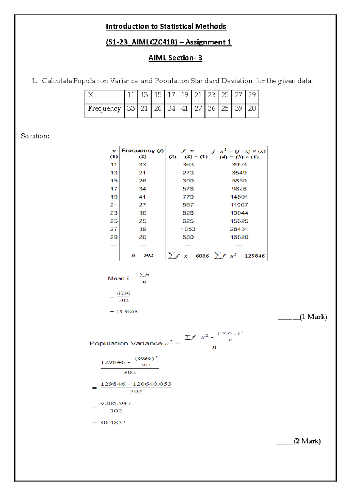 Assignment 1 aiml section 3solution - Introduction to Statistical Methods (S1-23_AIMLCZC418 ...