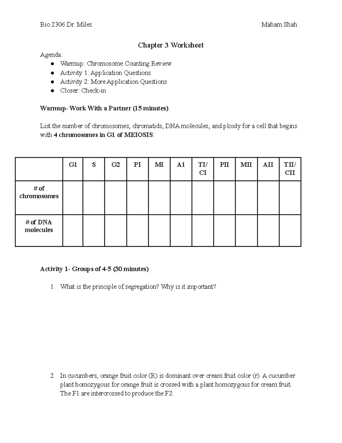 Genetics Chapter 3 Concept Worksheet - Chapter 3 Worksheet Agenda ...