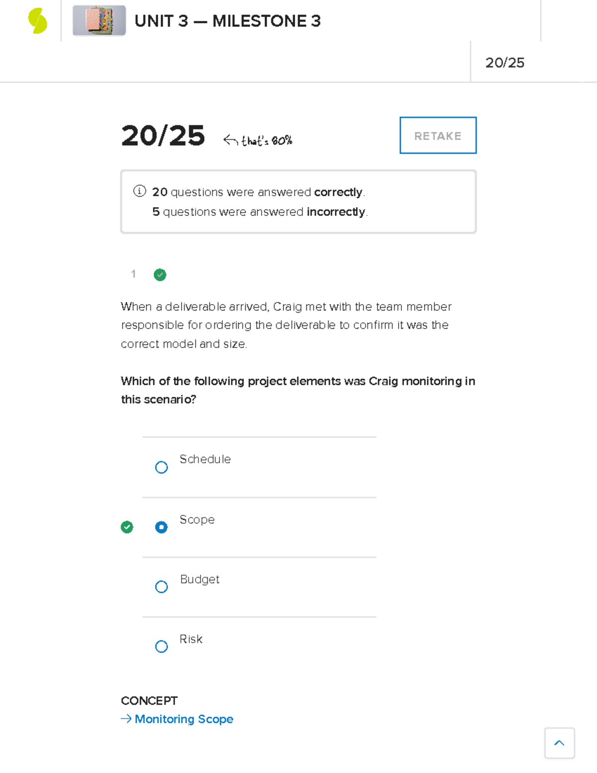Project management Milestone 3 - 1 CONCEPT → Monitoring Scope 20/25 ...