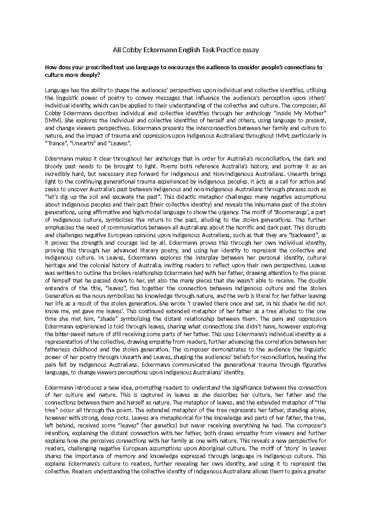 Language Culture and Identity - Ali Cobby Eckermann English Task Practice essay How does your ...
