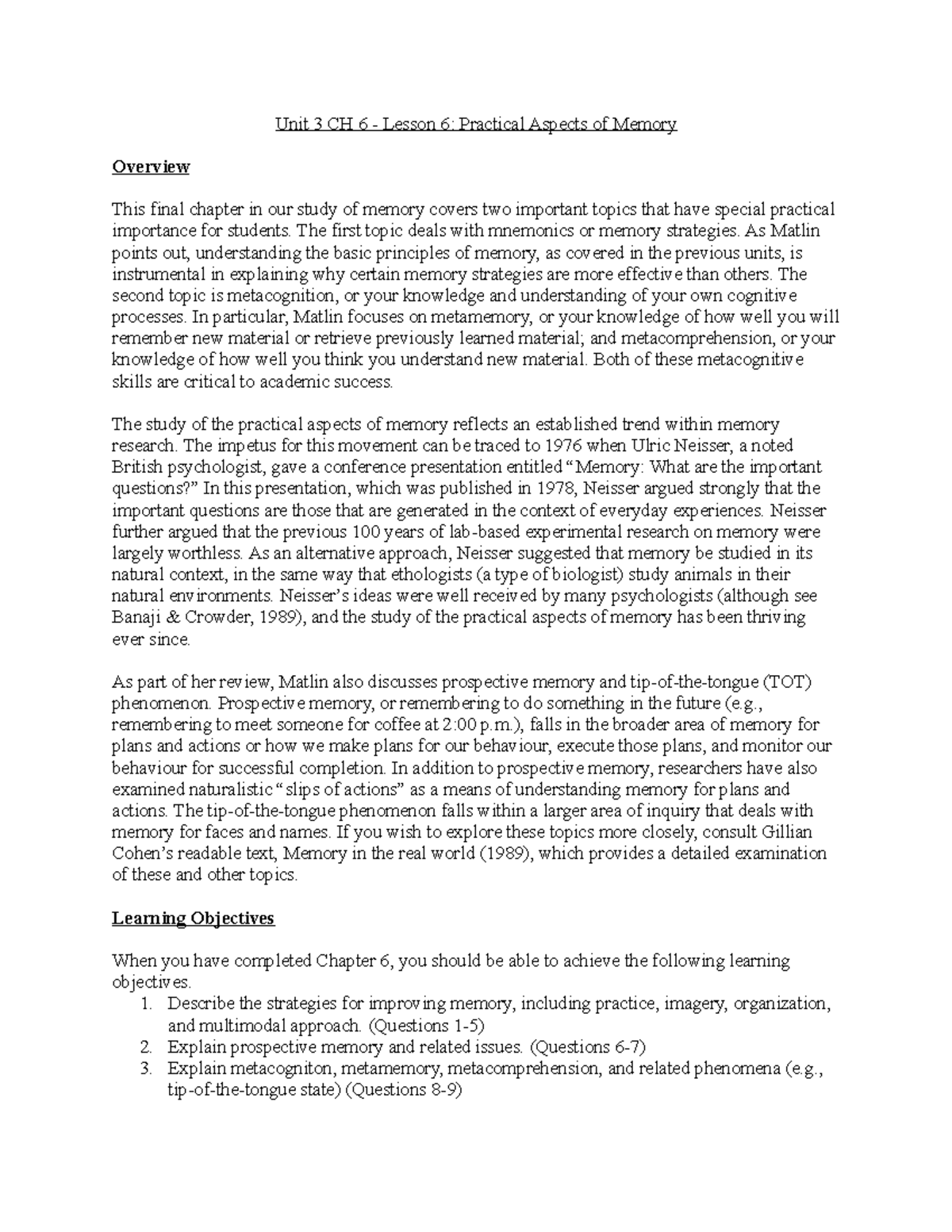 Unit 3 CH 6 Practical Aspects of Memory - Unit 3 CH 6 - Lesson 6 ...