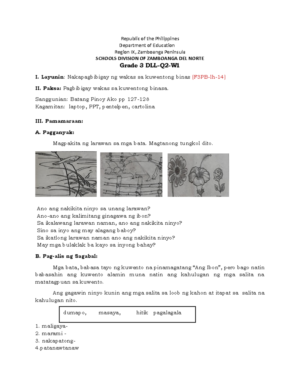 Fil3 Q2 w1 D1 1 - Practice materials - Republic of the Philippines ...