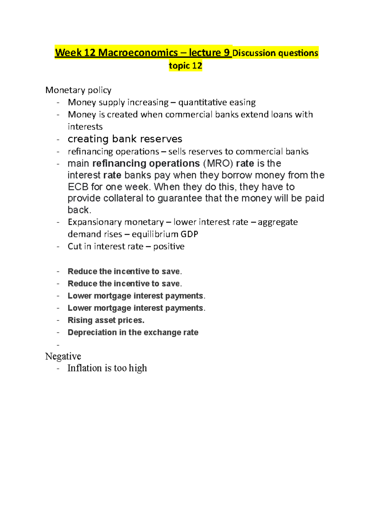 Week 12 Macroeconomics - Week 12 Macroeconomics – lecture 9 Discussion ...