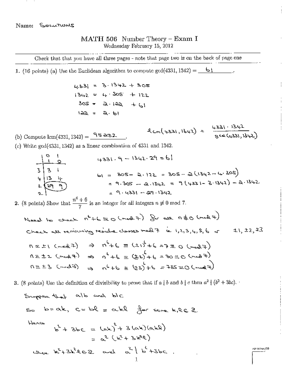 Exam 1 solution b IMP - Name: Ea mmN-S MATH 506 Number Theory — Exam I ...
