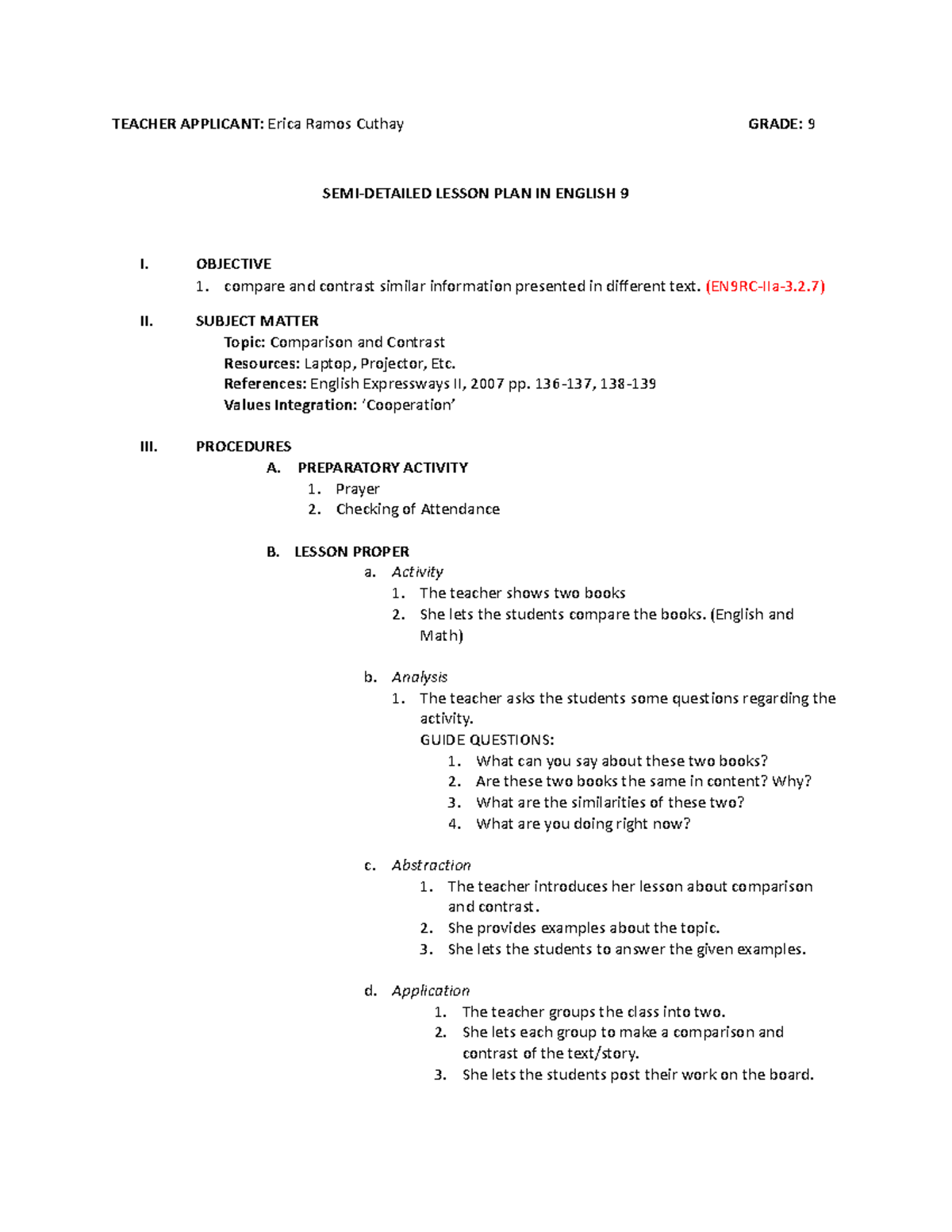 Lesson plan for Grade 9 - module - TEACHER APPLICANT: Erica Ramos ...