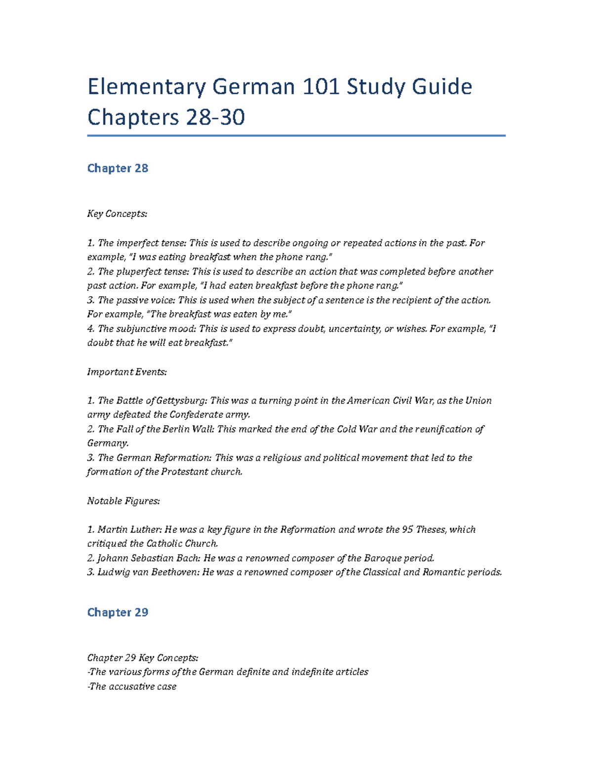 Elementary German 101 Study Guide Chapters 28-30 - Elementary German ...