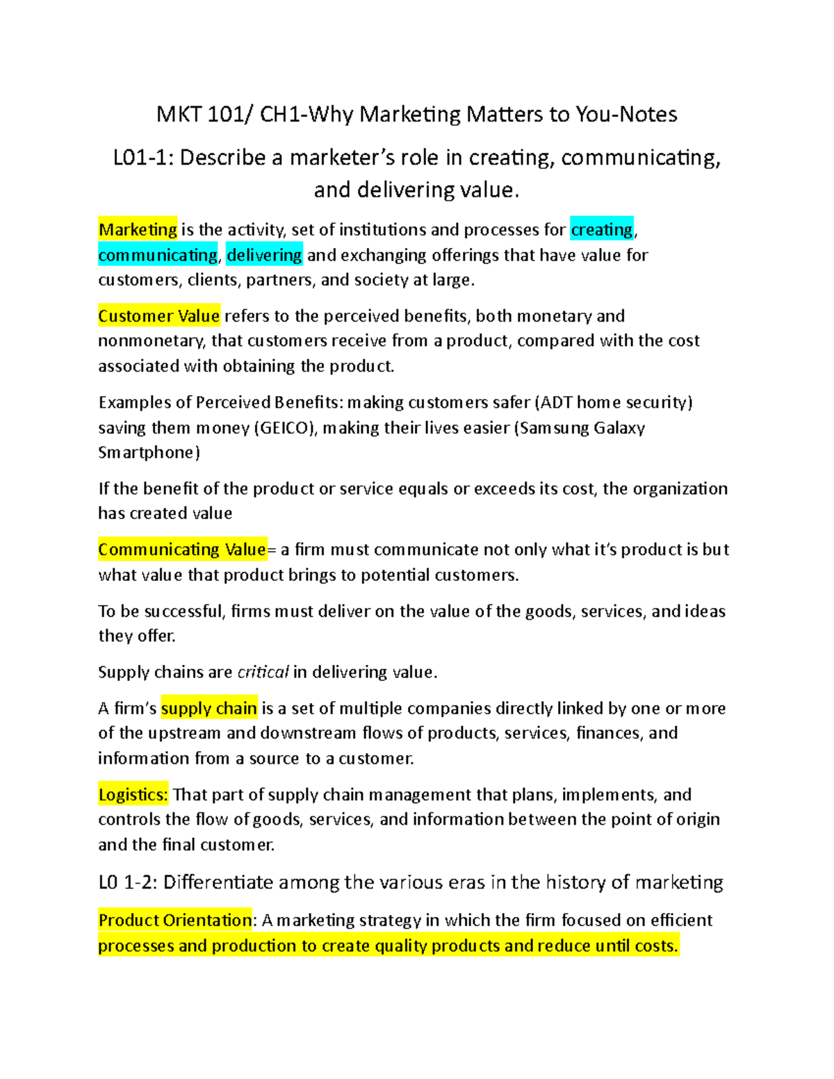 Ch1notes - Notes from reading chapter 1 - MKT 101/ CH1-Why Marketing ...