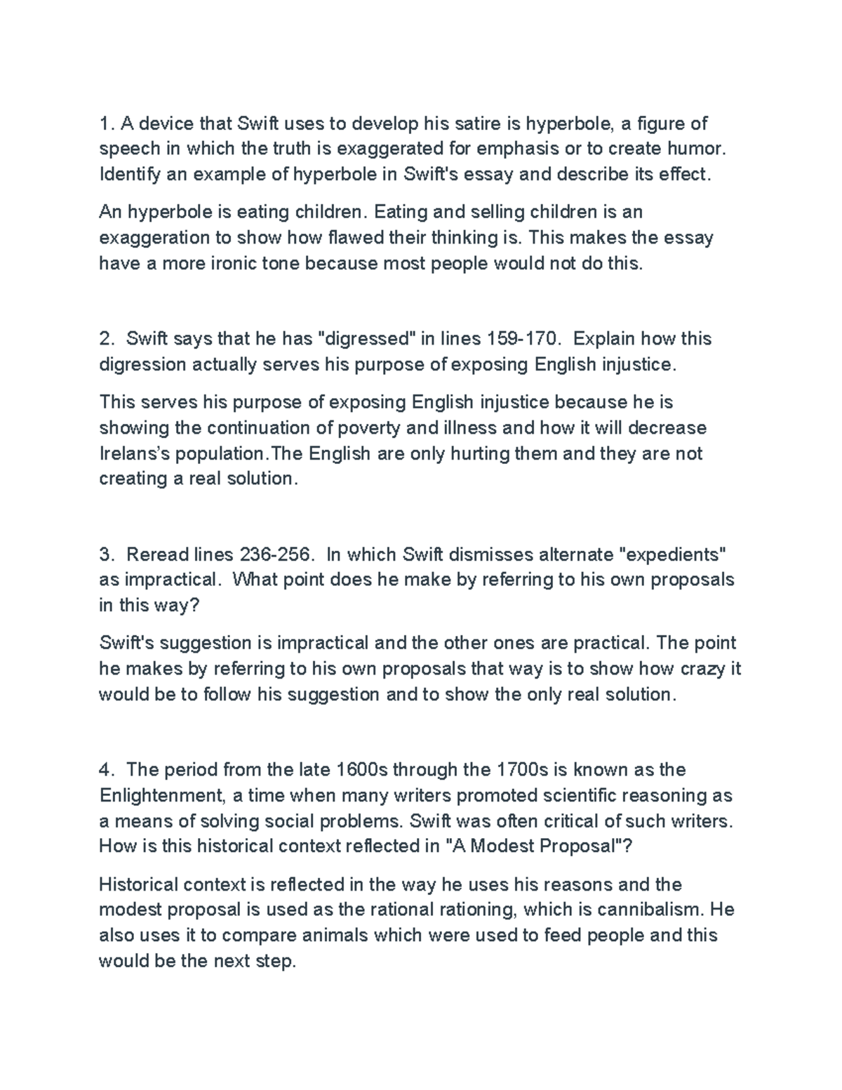 Analyzing the Text - Modest Proposal - A device that Swift uses to ...