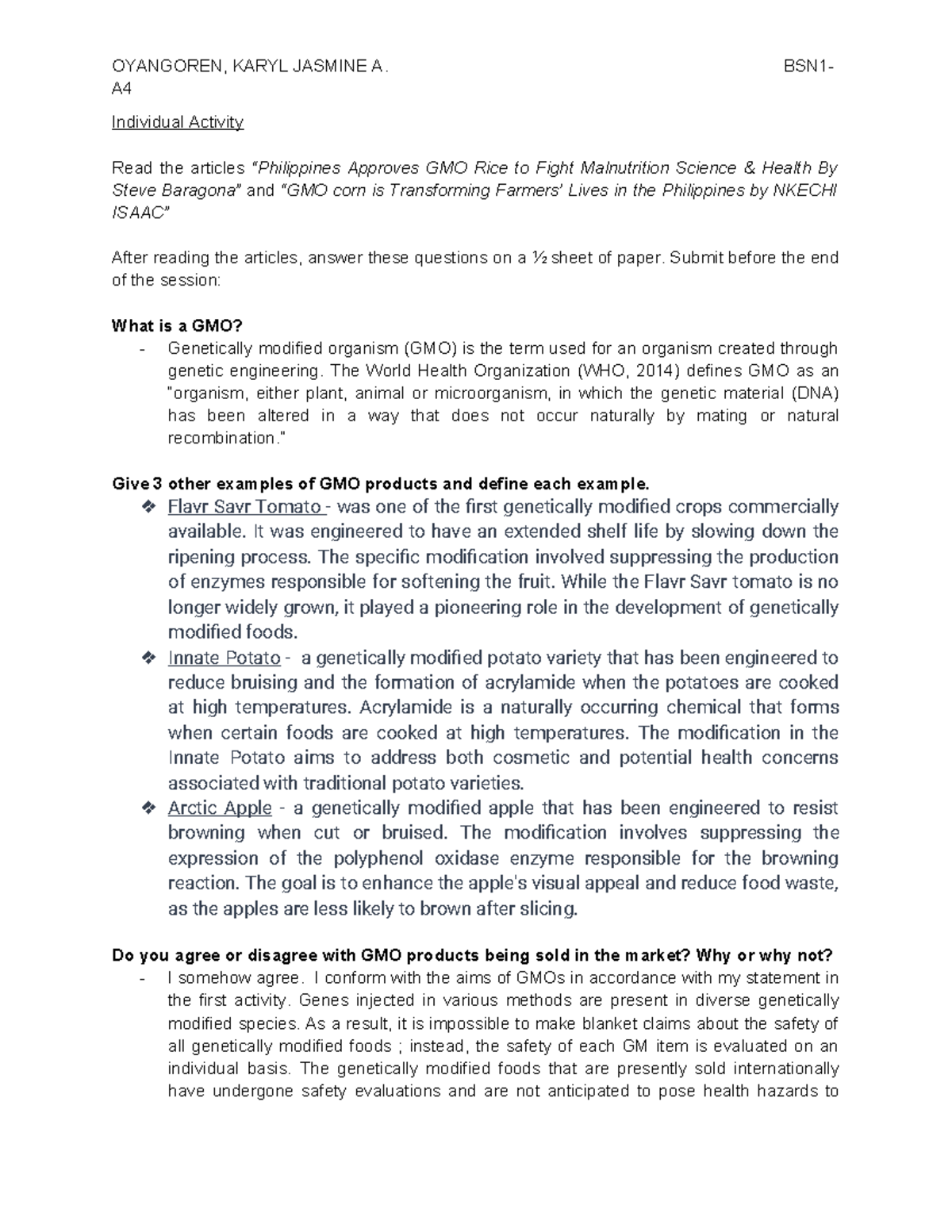 Activity 7 Lesson 18 GMO - OYANGOREN, KARYL JASMINE A. BSN1- A ...