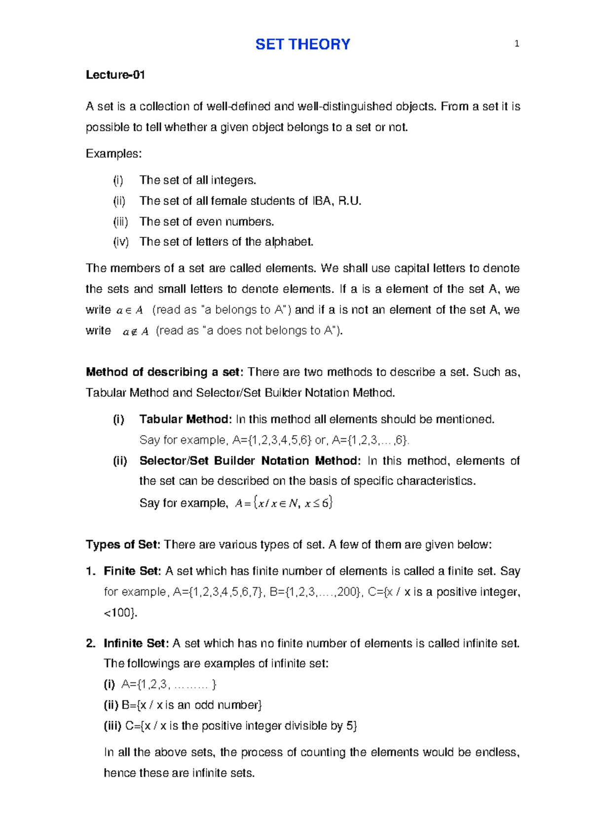 Lecture-01 (Set Theory) - SET THEORY Lecture- 1 A set is a collection of well-defined and - Studocu