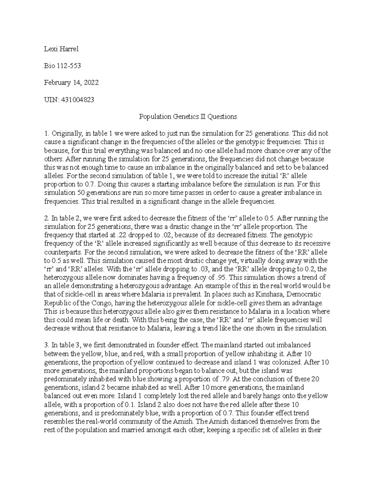 Population genetics lab 2 post lab - Lexi Harrel Bio 112- February 14 ...