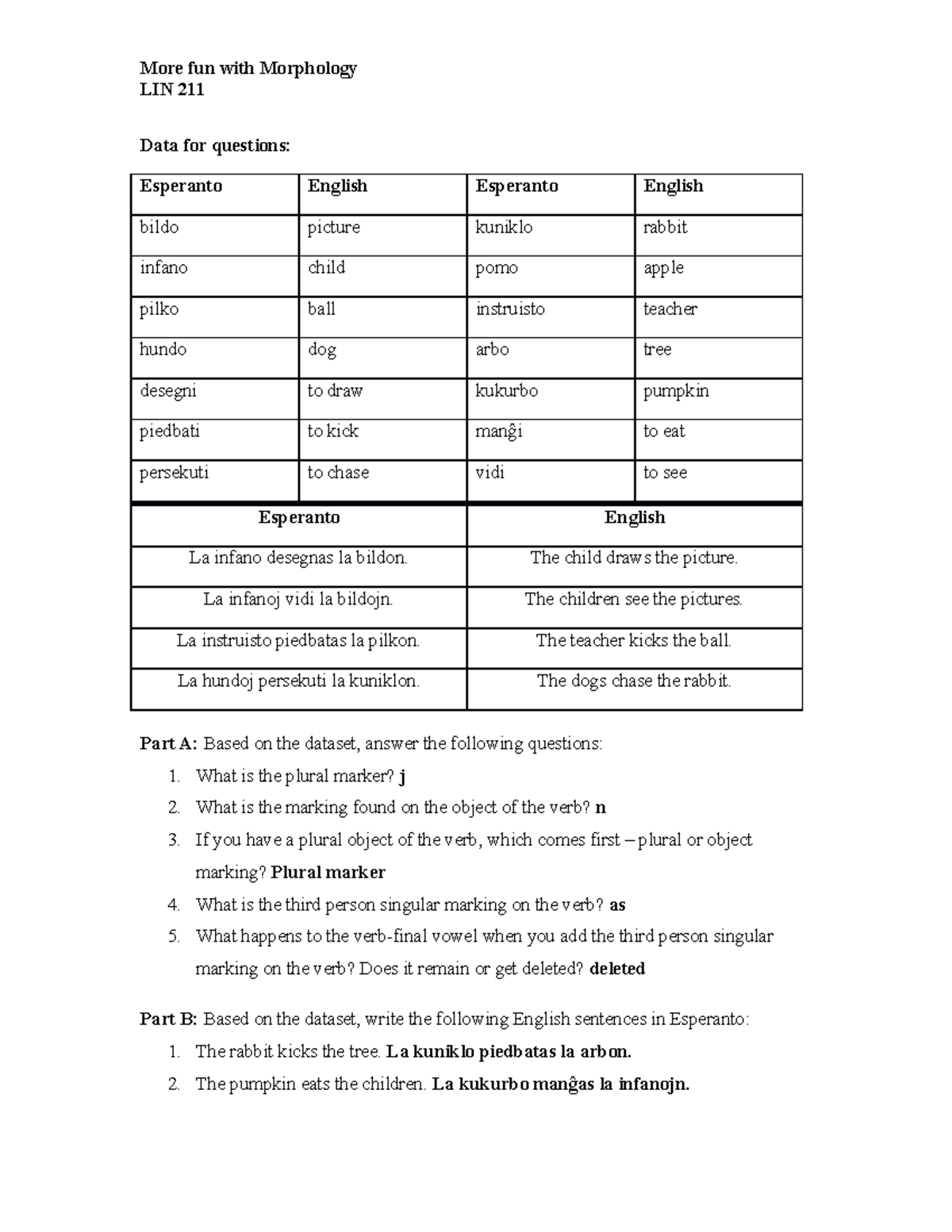 Morphology Esperanto and English - More fun with Morphology LIN 211 ...