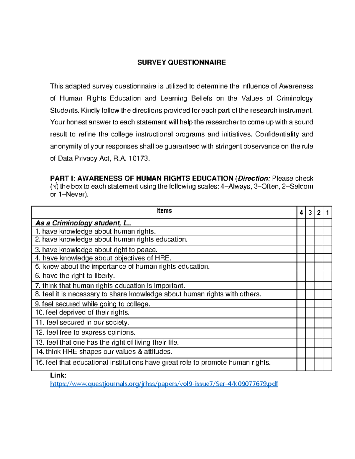 Survey- Questionnaire- Balbon - SURVEY QUESTIONNAIRE This adapted ...