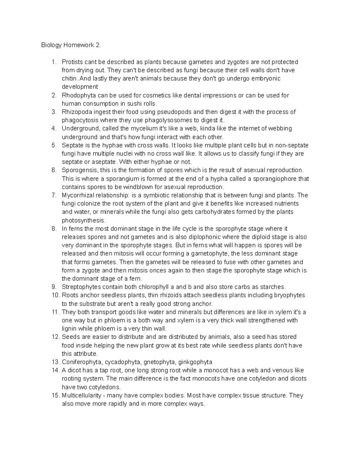 Biology Homework 2 - Work for tests and review guides - Biology ...