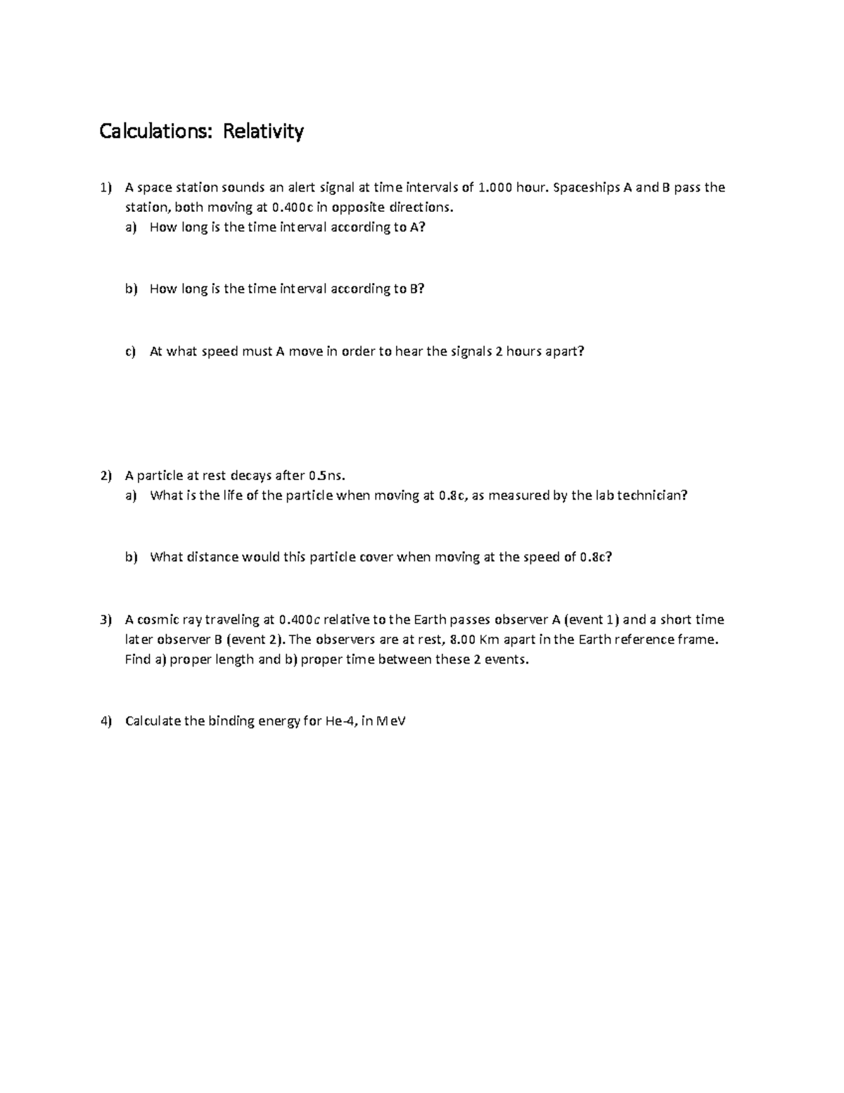 Calculations Worksheet Relativity - Calculations: Relativity A space ...