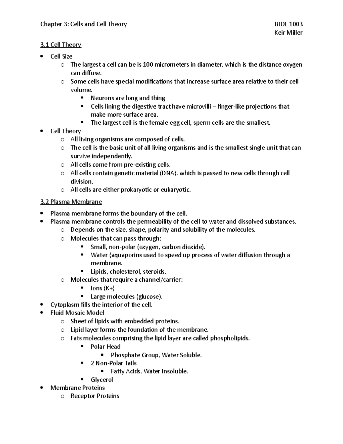 Chapter 3 Cells and Cell Theory Notes - Keir Miller 3 Cell Theory Cell ...