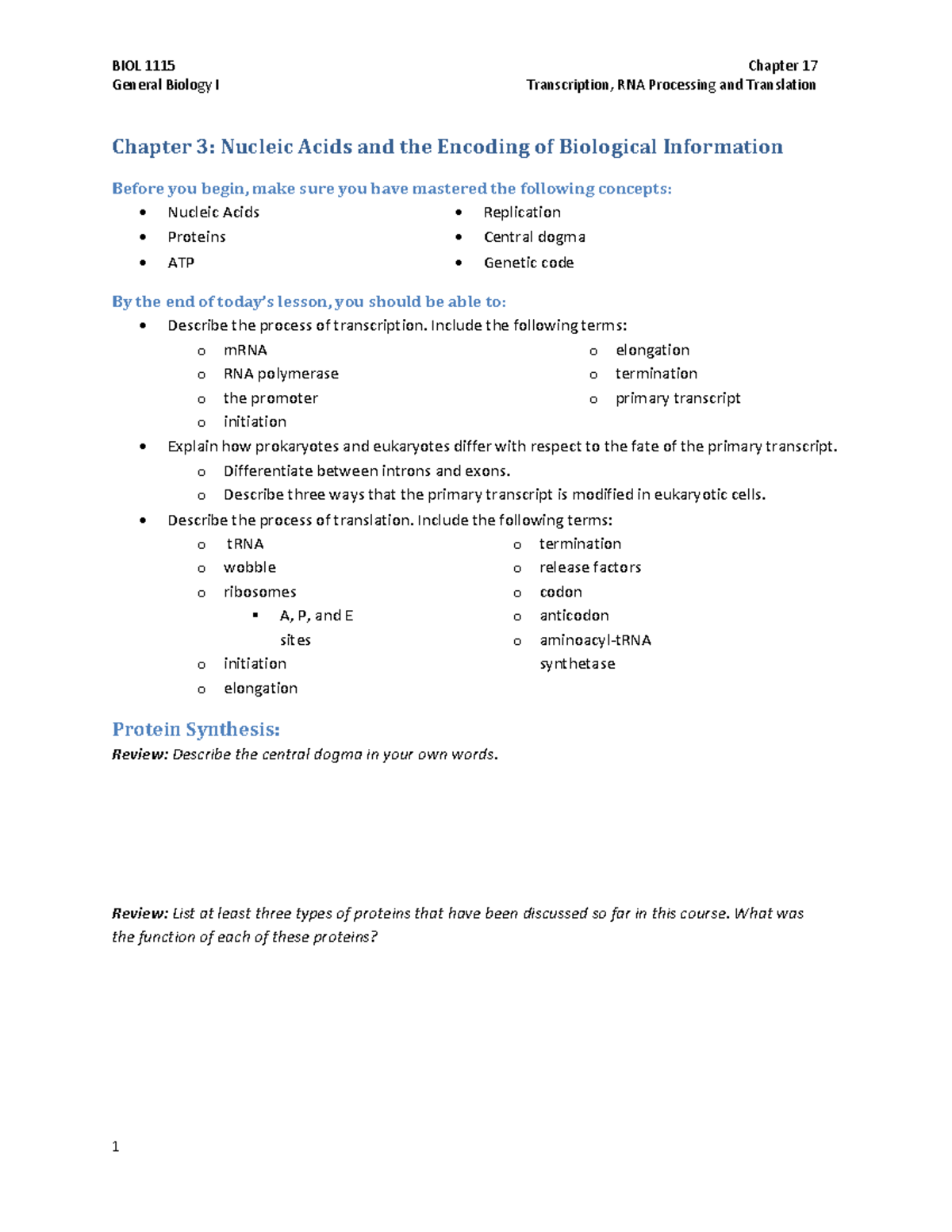 Chapter 17 - bio - General Biology I Transcription, RNA Processing and ...