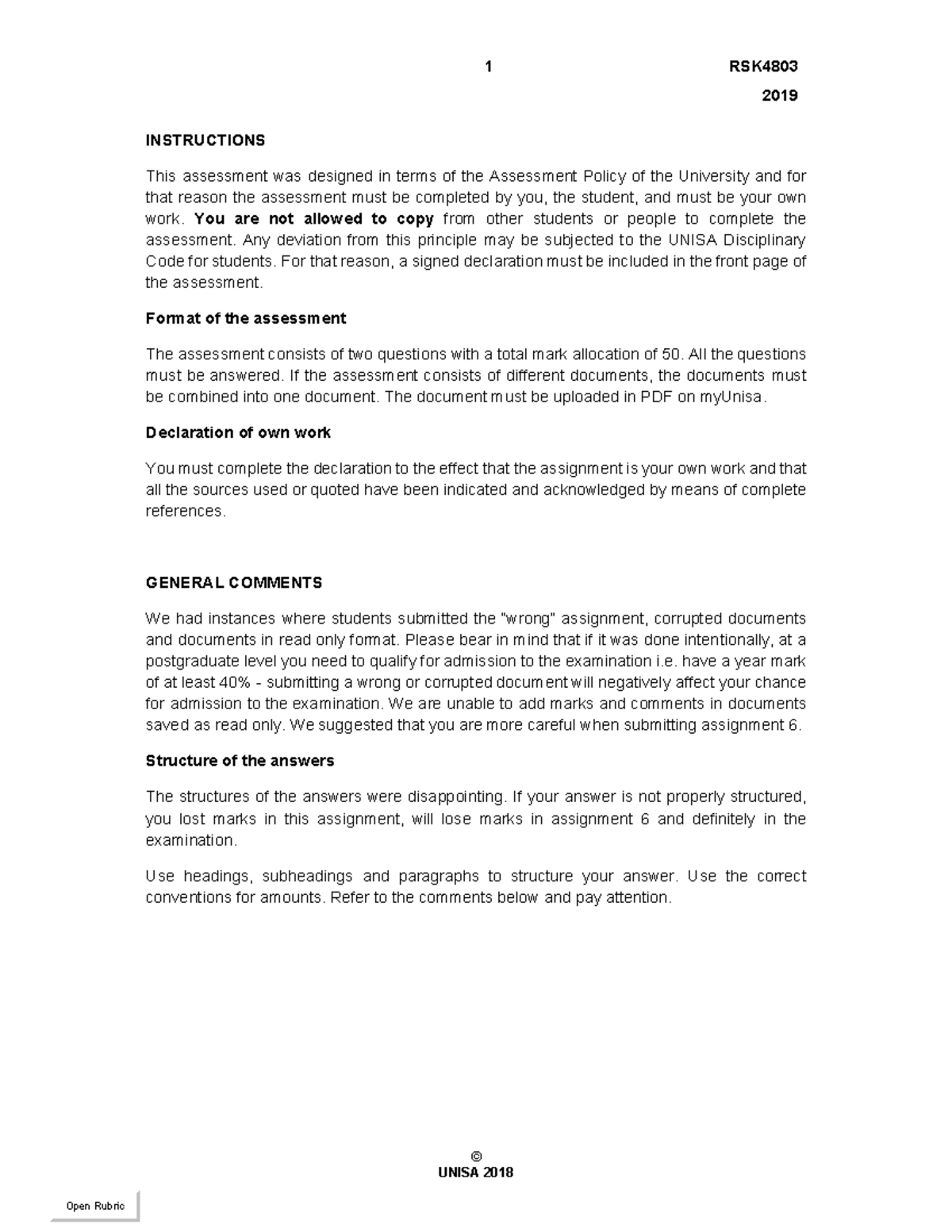 - RSK4803 2019 Assignment 4 Suggested solutions - 2019 © UNISA 2018 ...