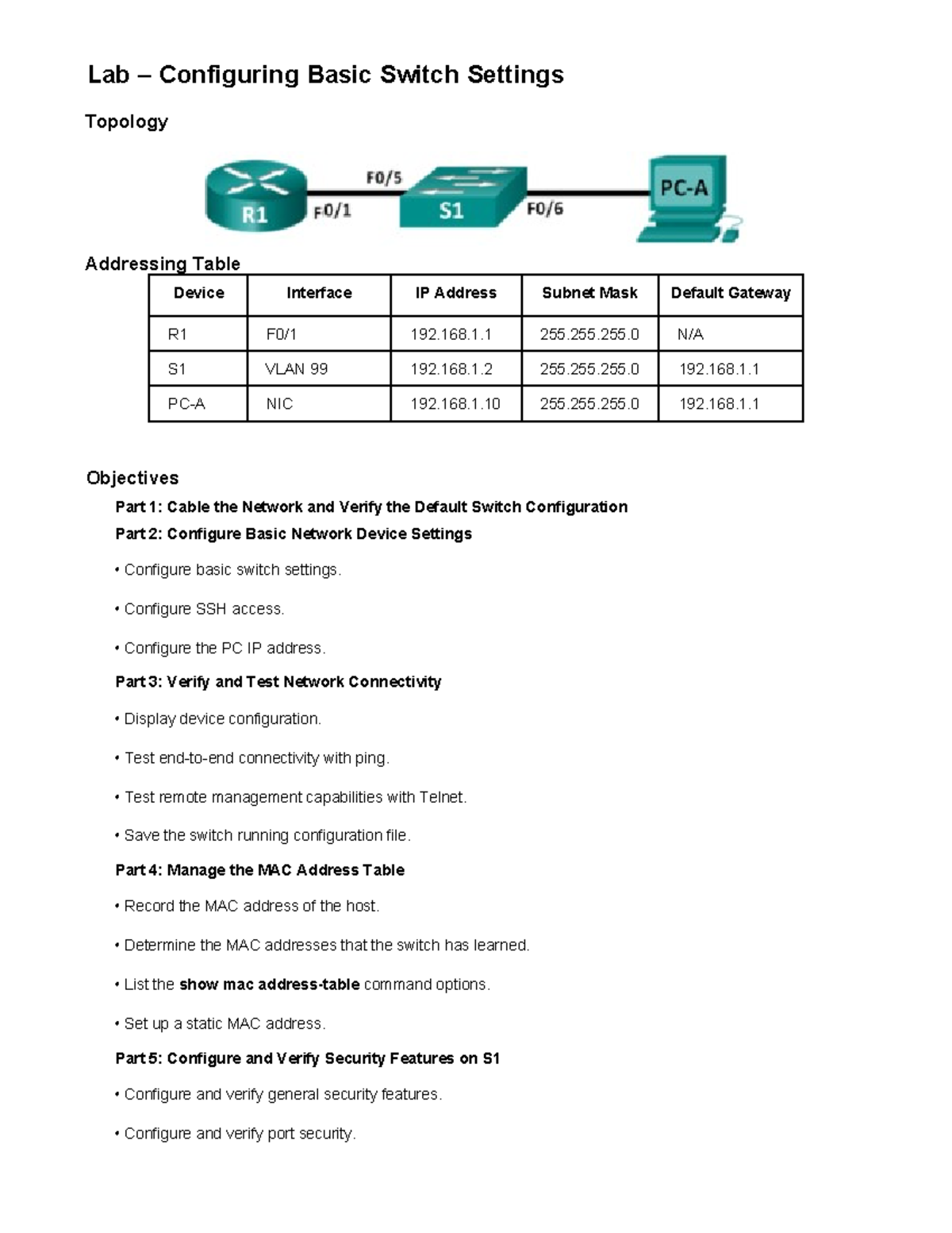 Lab 7 Configuring Basic Switch Settings And Security Features 2222 Lab Configuring Basic