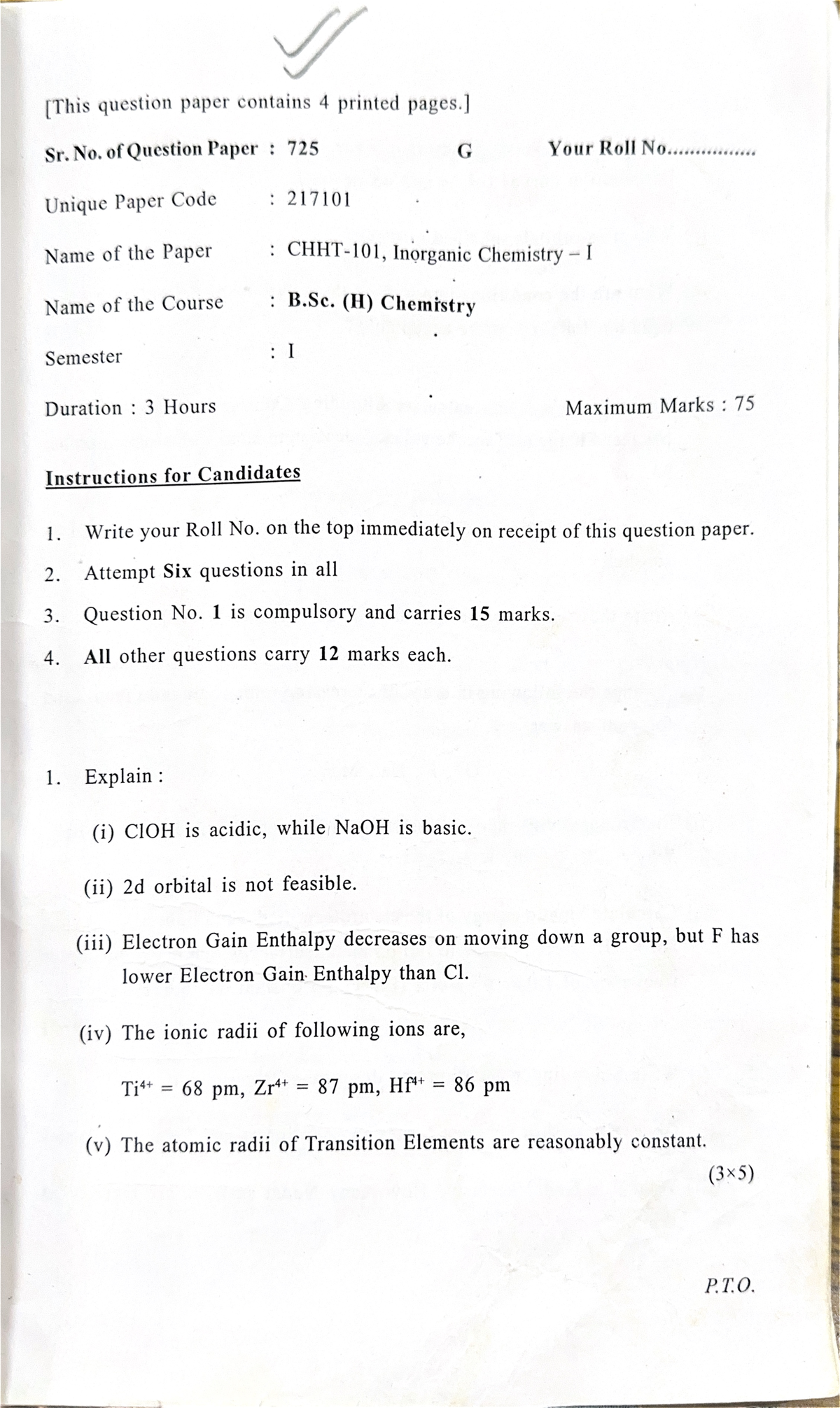 1st semester inorganic pyqs - chemistry - Studocu
