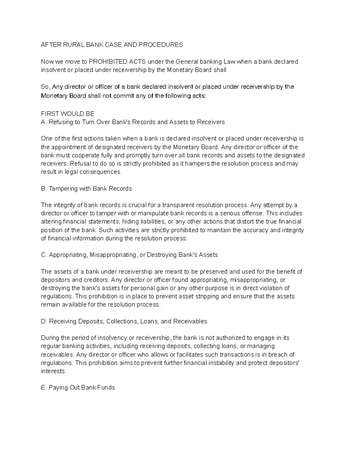 Banking Script - AFTER RURAL BANK CASE AND PROCEDURES Now we move to ...