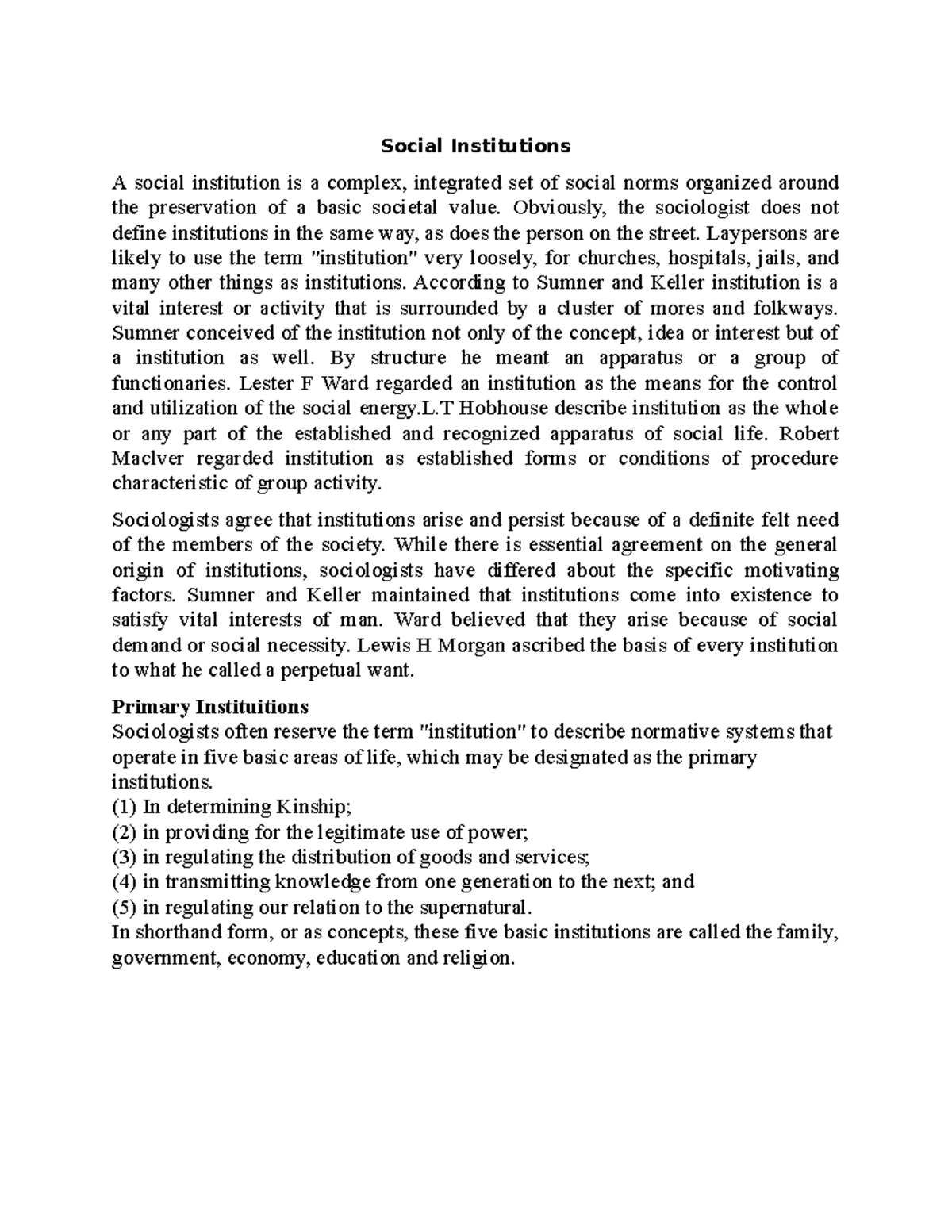 Social Institutions - Assignment - Social Institutions A social ...