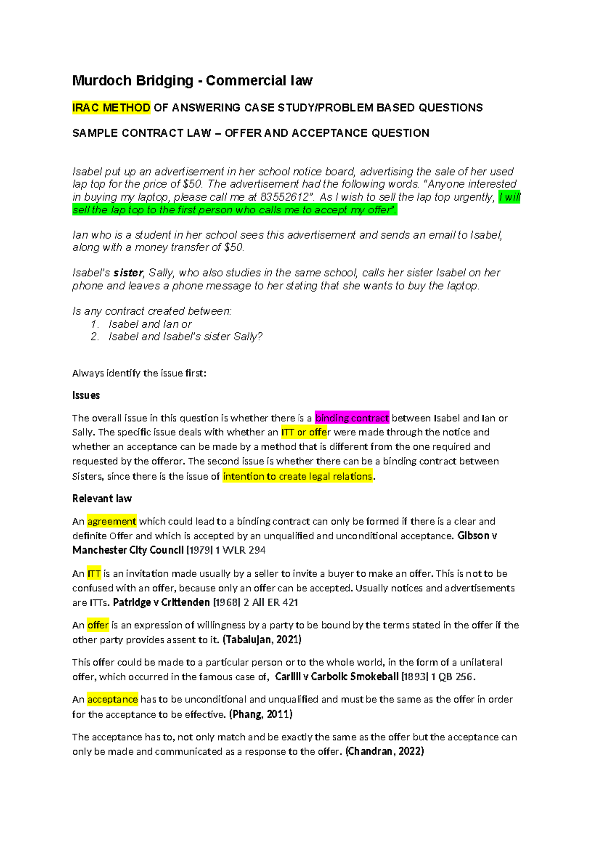 Sample bridging Offer and Acceptance question and answer based on the ...